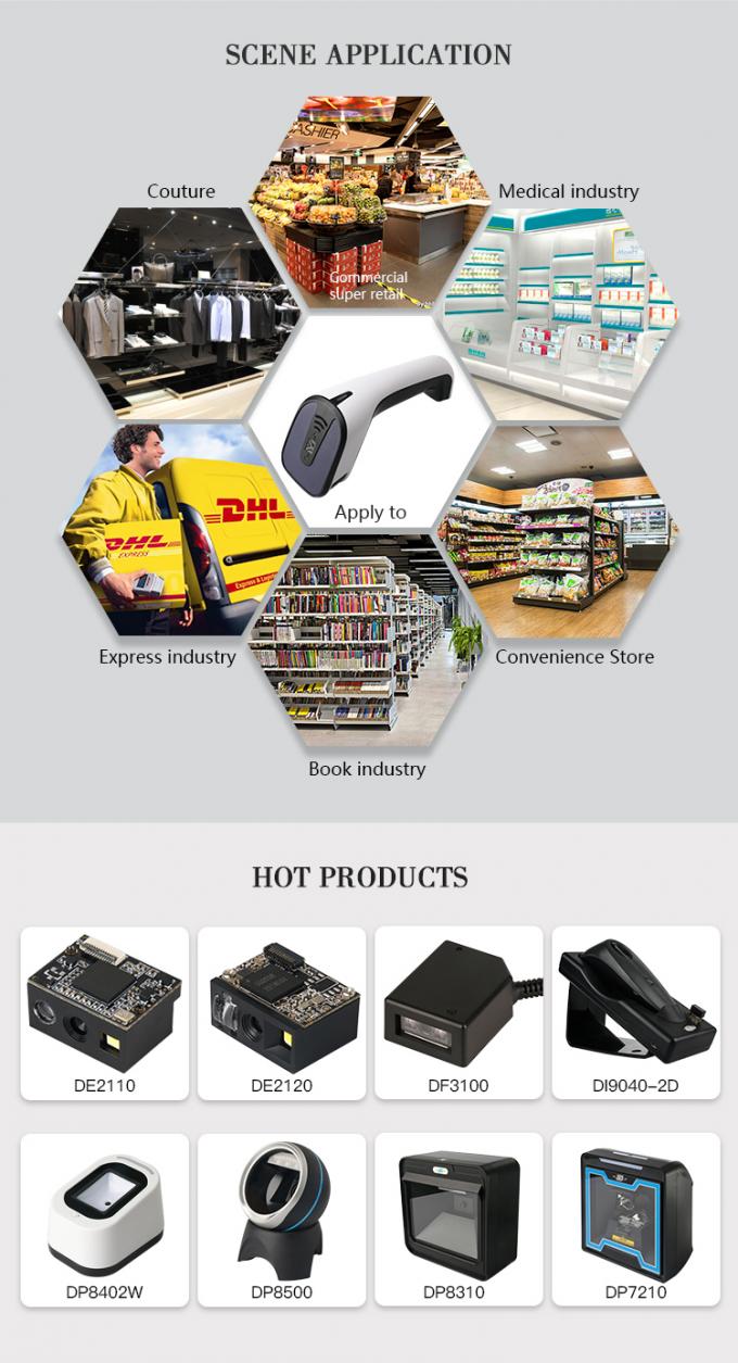 CMOS Handheld 2D Barcode Scanner , USB QR Code Scanner For Cashless Payment