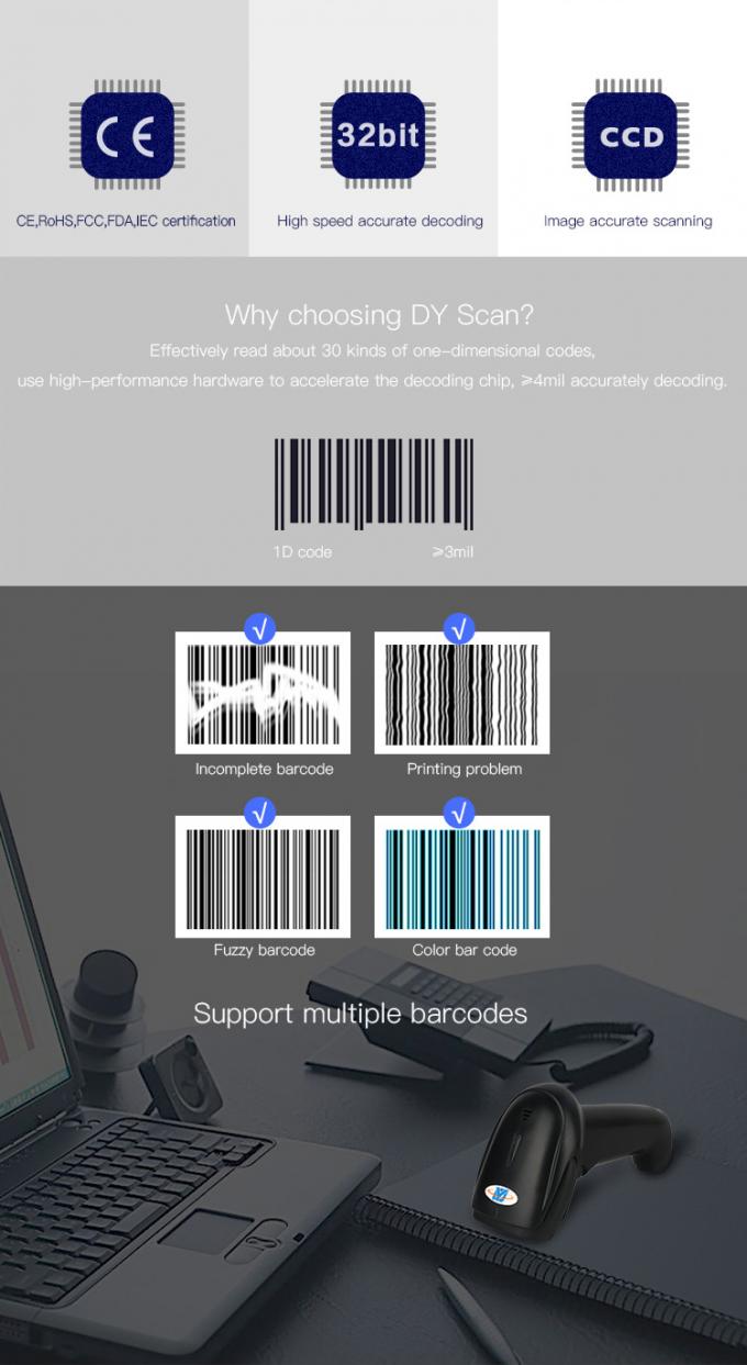 RS232/USB Supermarket 1d Red Light Scanner 300 Scans /Sec Scan Speed DS5100
