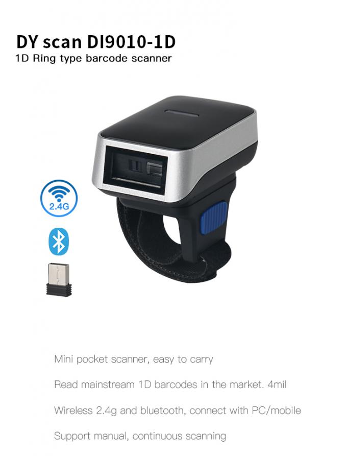 1D Bluetooth Type C Interface Wireless 2.4G portable ring Barcode Scanner