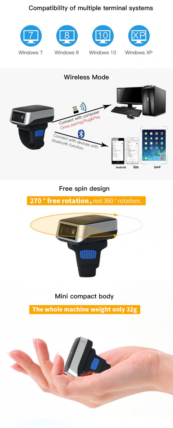 1D Bluetooth Type C Interface Wireless 2.4G portable ring Barcode Scanner