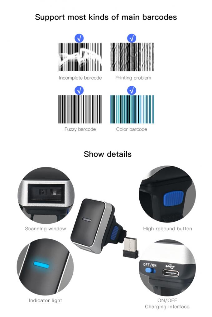 Mini Bluetooth Finger Scanner , Ring Type 1D Wireless USB Barcode ...